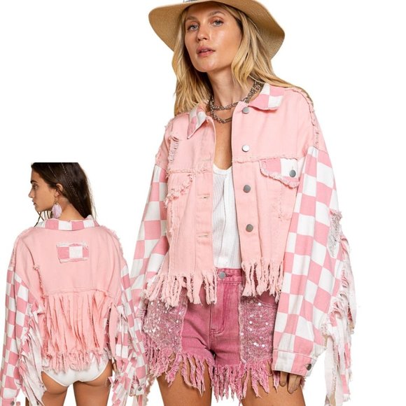 POL | Jackets & Coats | Pol Clothing Pink Color Block Fringe Denim ...